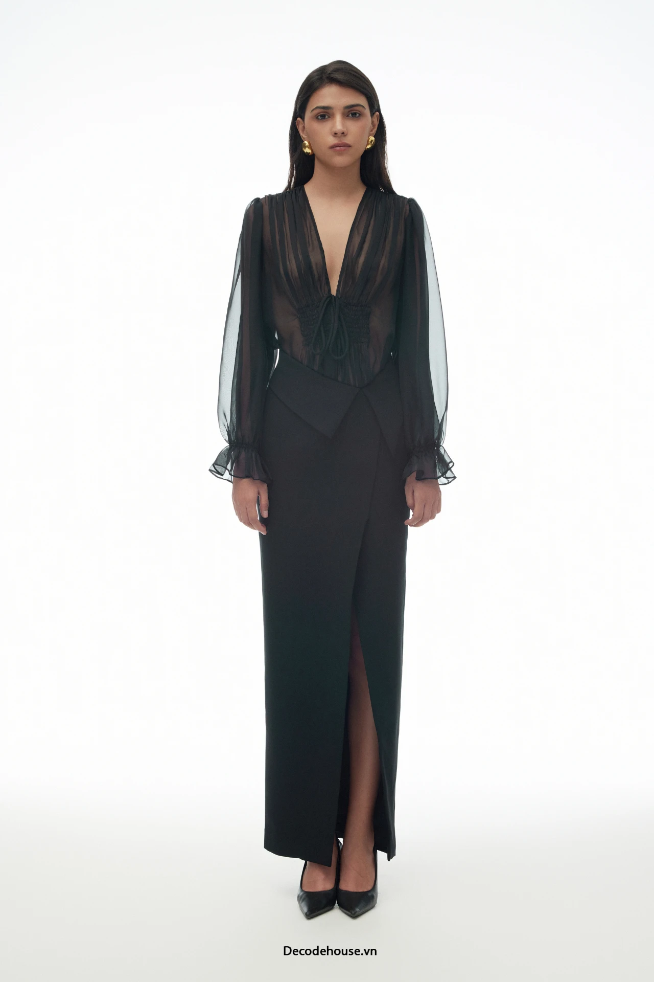 VERA BLOUSE (áo tơ xuyên thấu, tay phồng xếp ly, may đo)